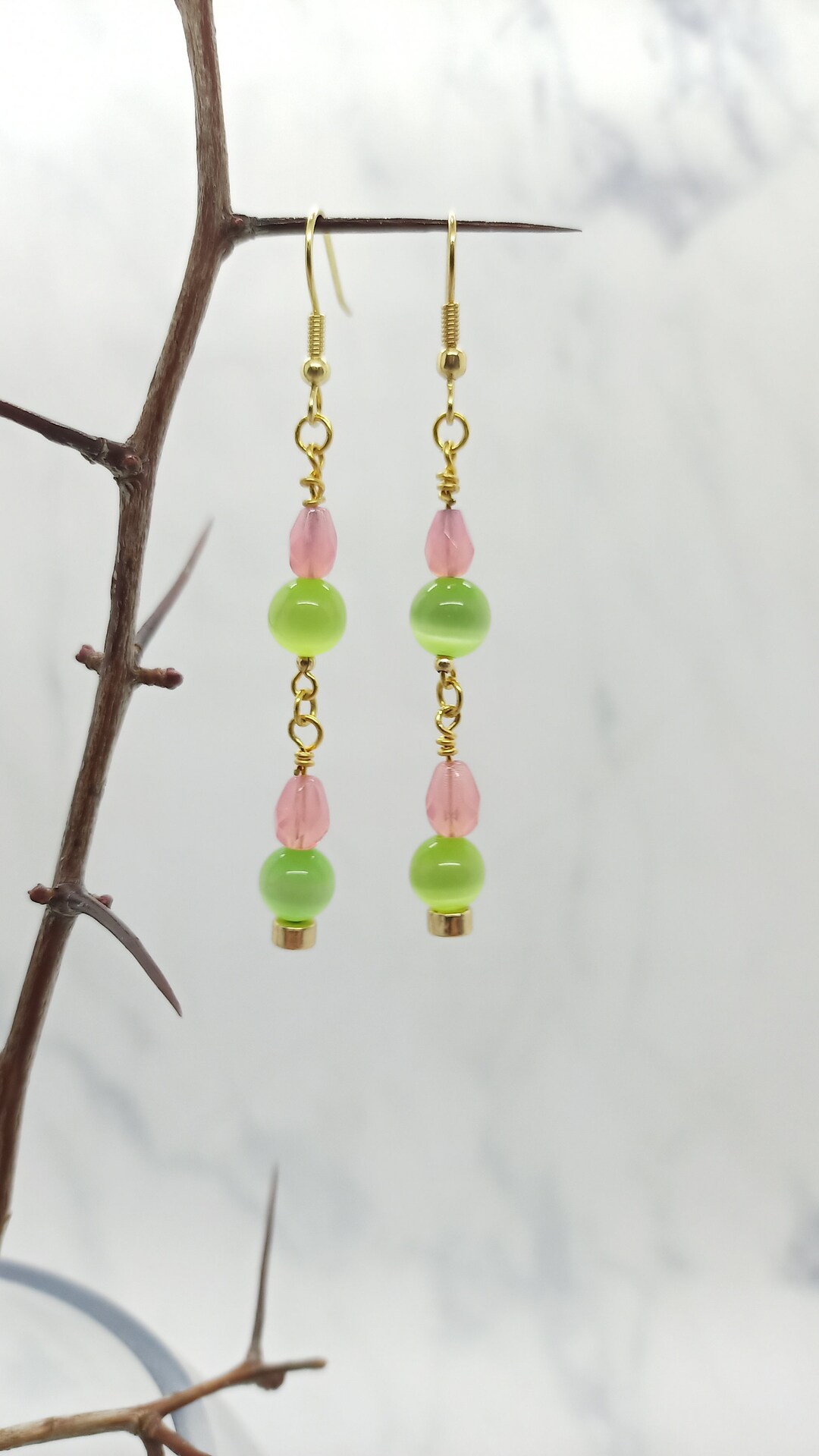 Green Glass Cats-eye and Pink Glass Beaded Earrings, Watermelon Spring ...