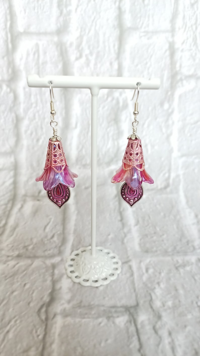 Pink Purple Flower Fairy Earrings, Paisley Drops Hand-painted Magenta ...