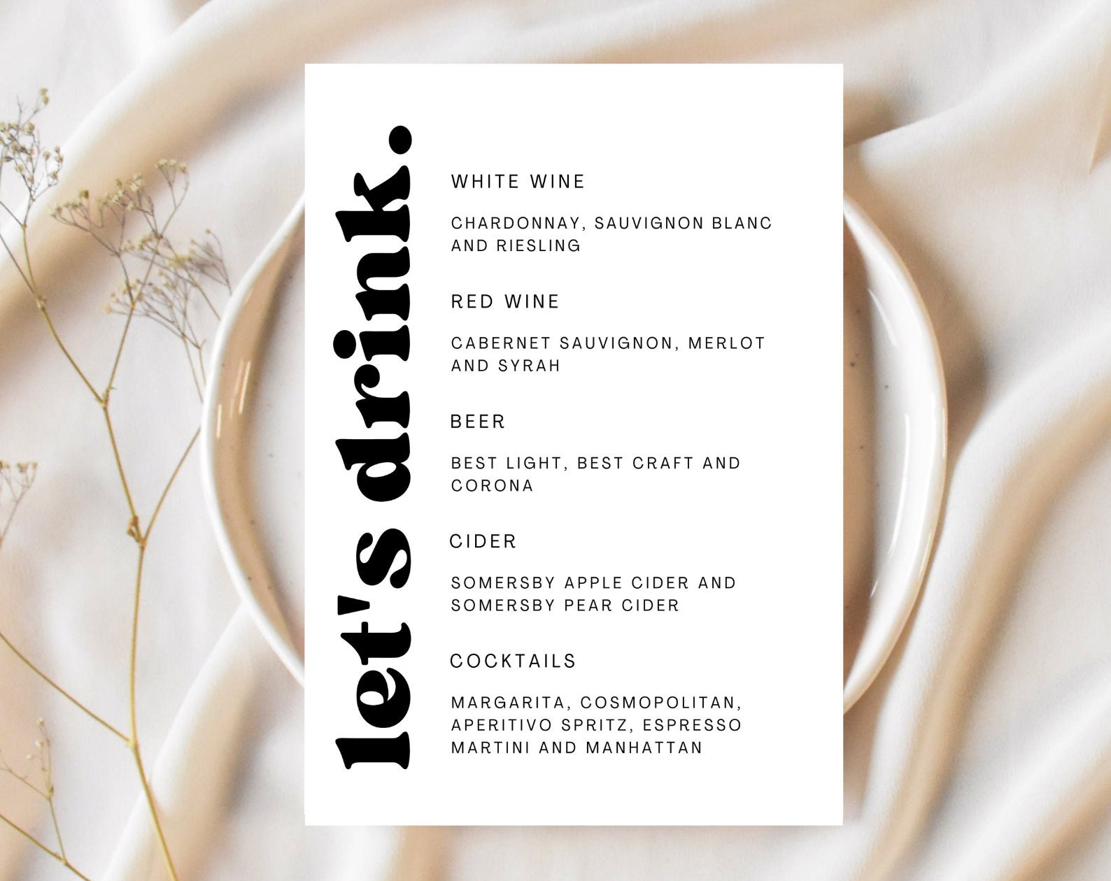 Minimalist Bar Menu Sign, Printable Rustic Wedding Bar Menu, Alcohol ...