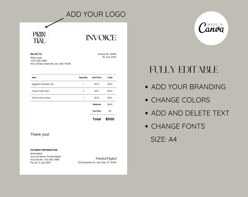 A4 Size Invoice Template, Small Business Template, Business Invoice ...