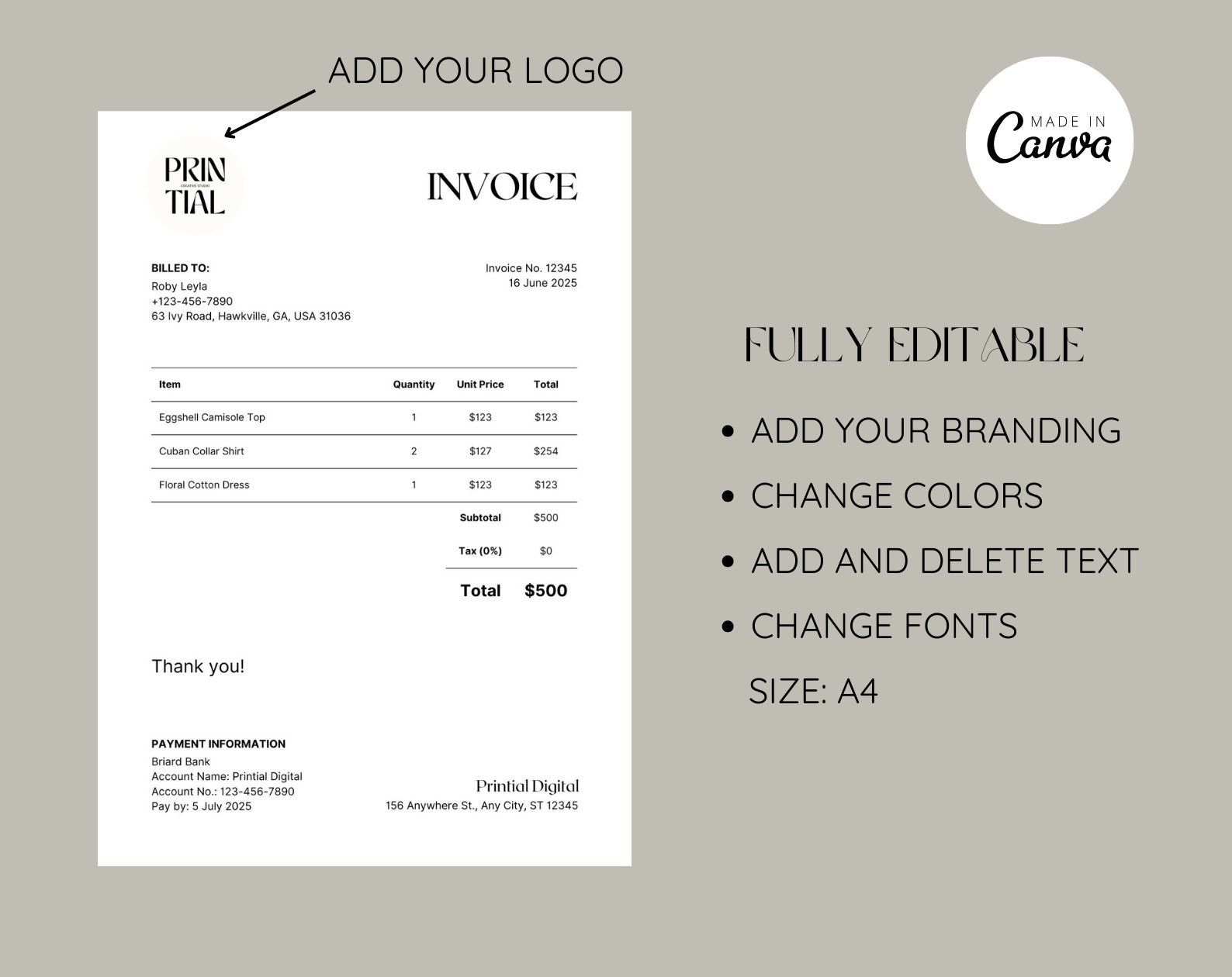 A4 Size Invoice Template, Small Business Template, Business Invoice ...