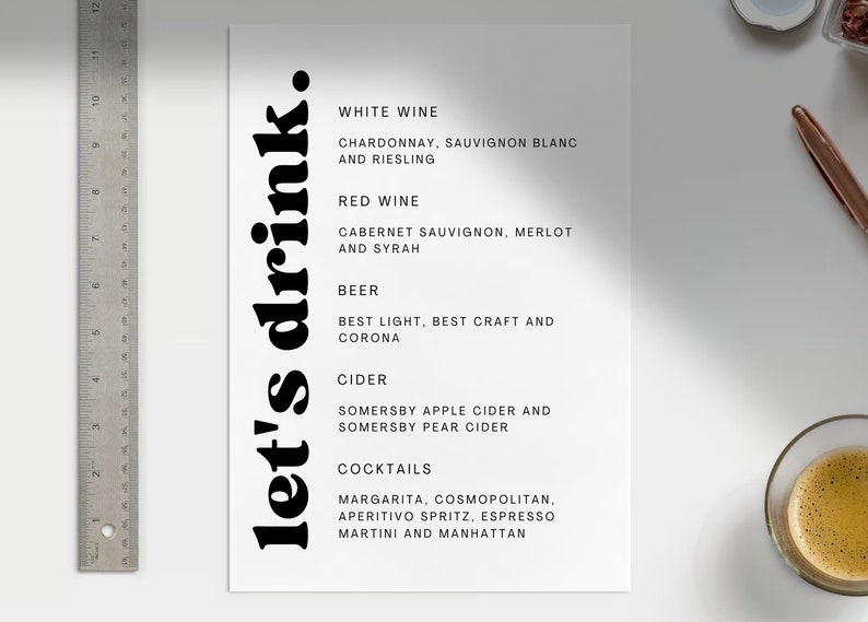 Minimalist Bar Menu Sign, Printable Rustic Wedding Bar Menu, Alcohol ...