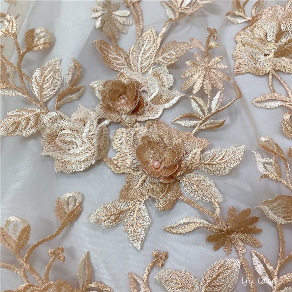 Gorgeous Gold 3D hand made Beaded Fabric flower applique tulle | Etsy