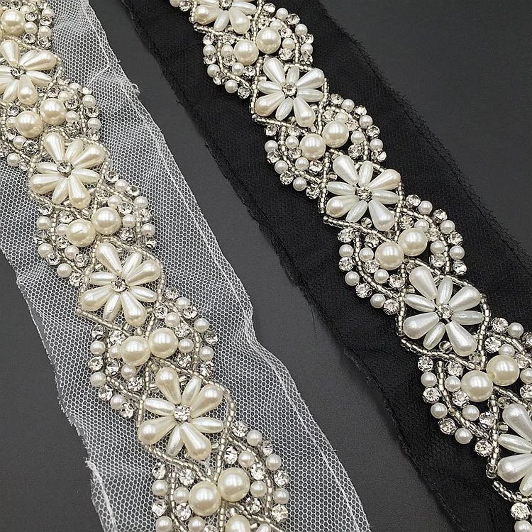 2yards Pearl Beaded Lace Trim With Rhinestones, Beautiful Beaded Floral ...