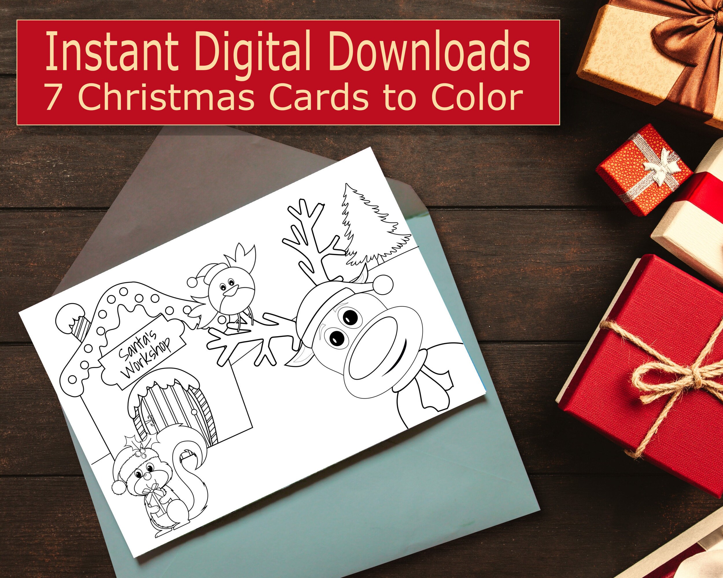 Christmas Coloring Cards for Kids, Holiday Activity (digital Download ...