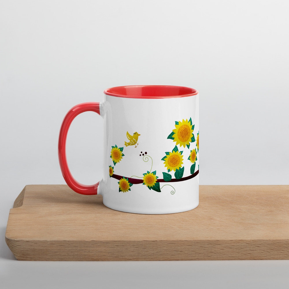 Birds and Sunflowers Morning Coffee Mug With Color Inside | Etsy