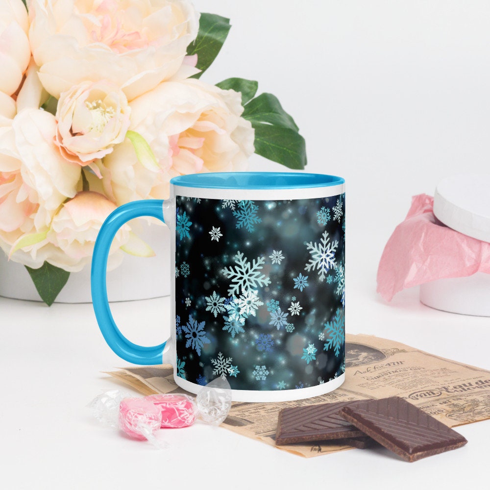 Snowflakes Morning Coffee Mug With Color Inside Ceramic - Etsy