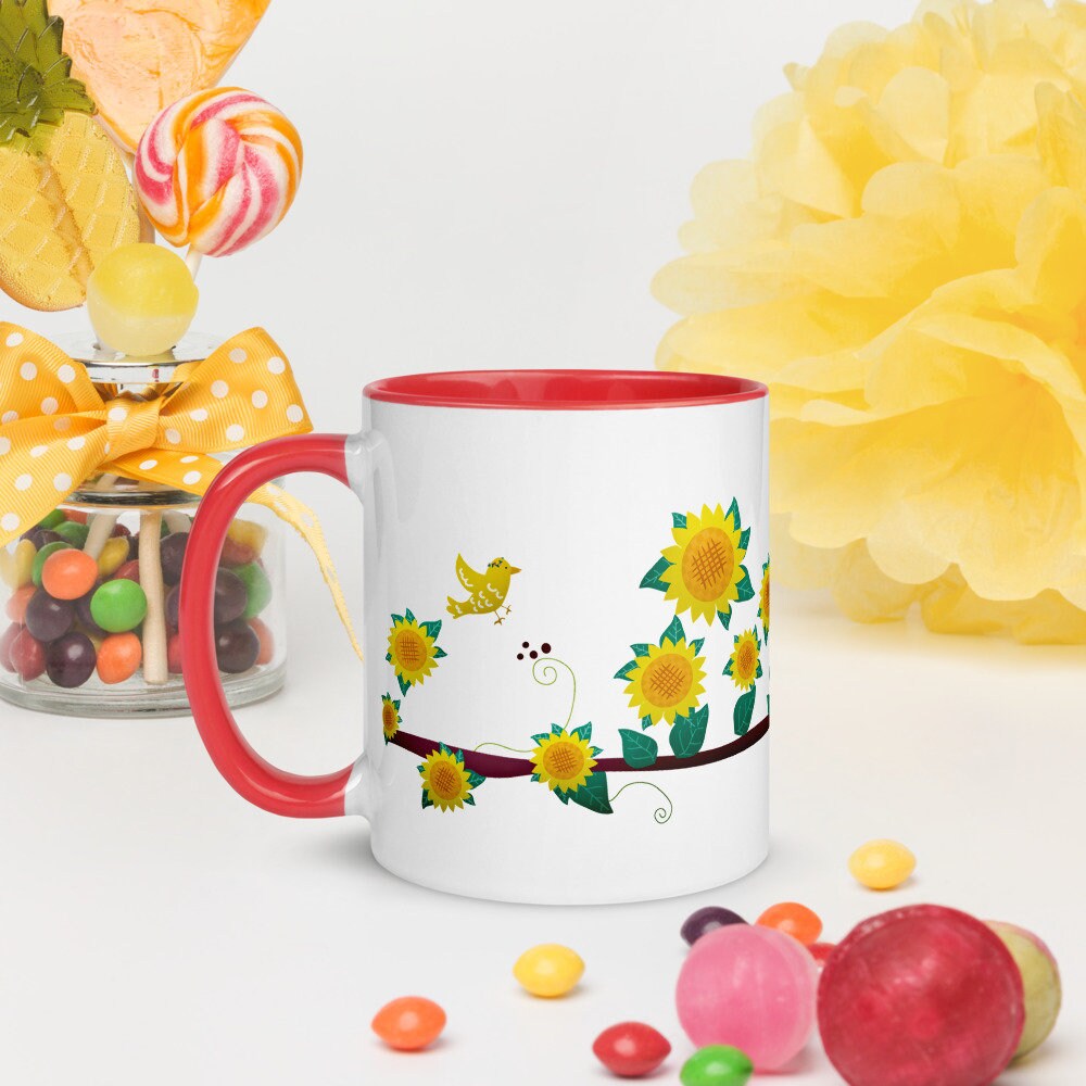 Birds and Sunflowers Morning Coffee Mug With Color Inside | Etsy