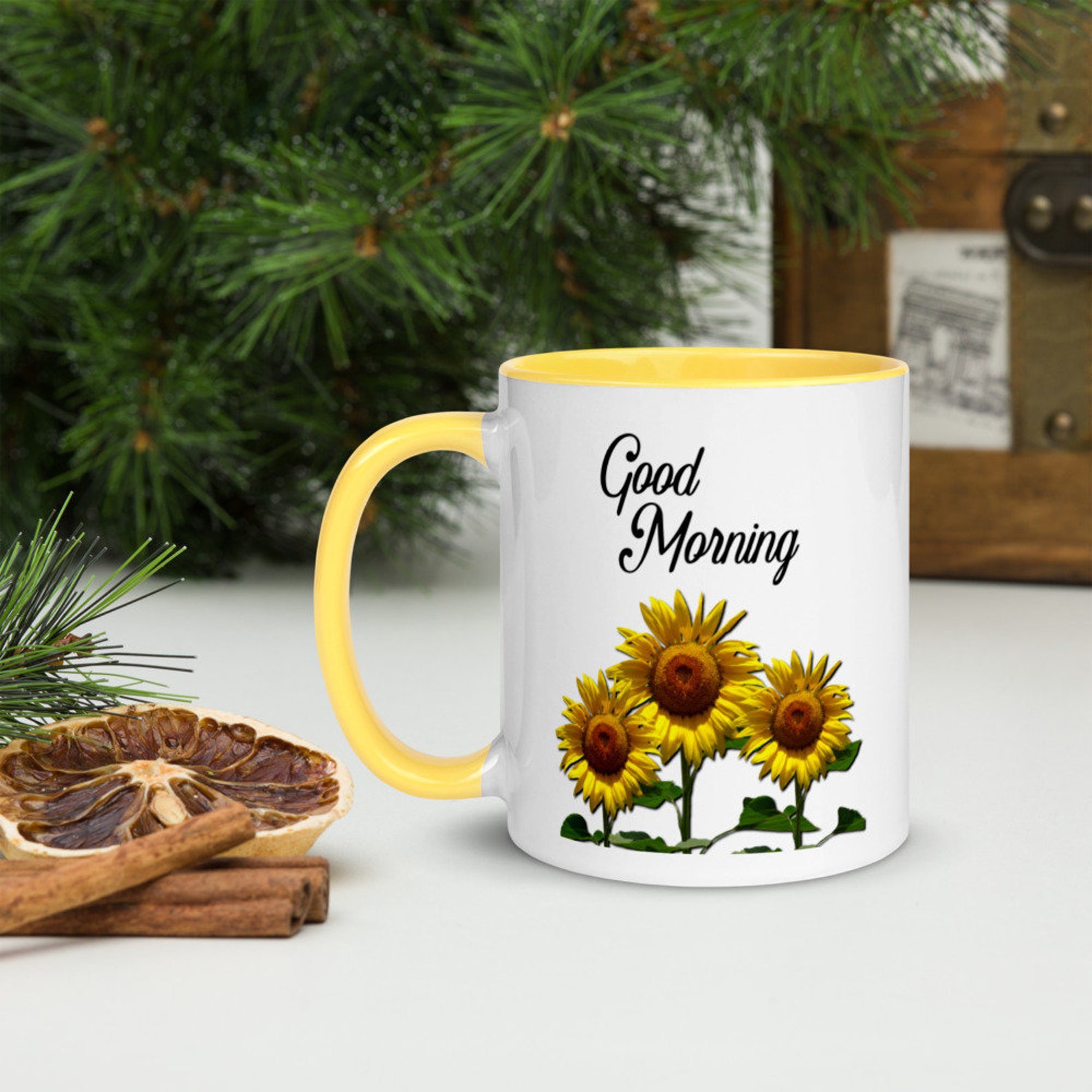 Good Morning Sunflowers Ceramic Mug With Color Inside Ceramic Sunflower ...