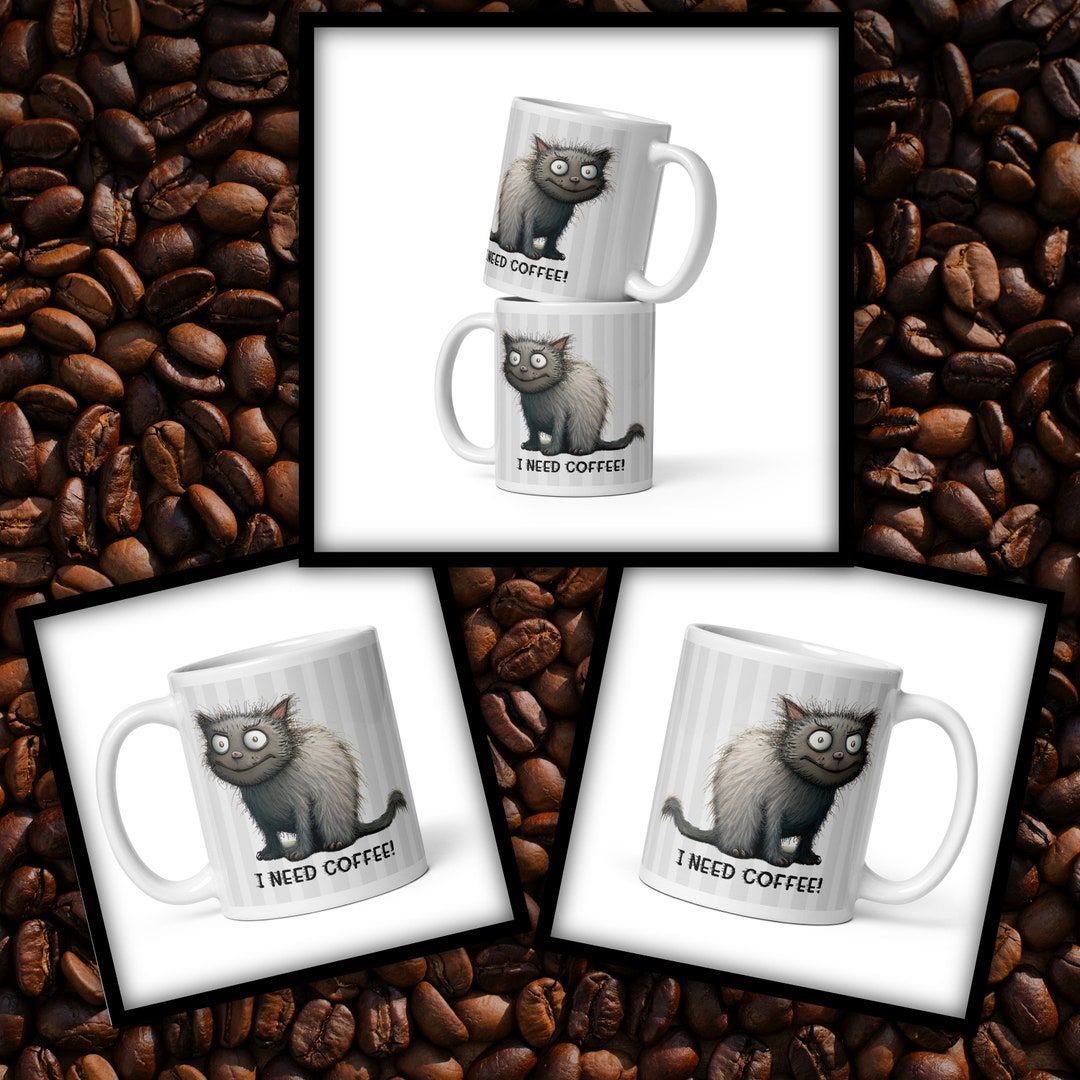 Funny 'I Need Coffee' Frazzled Cat Mug - Monday Morning Humor Tea Cup ...