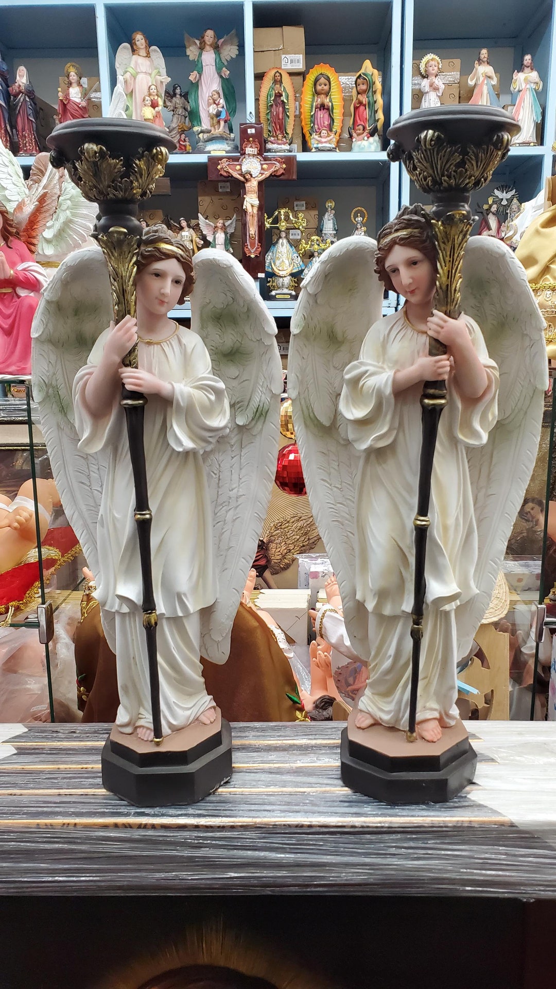 22 Inch Set Angel Custodio Candel Holder Statue Guardian Angel Catholic ...