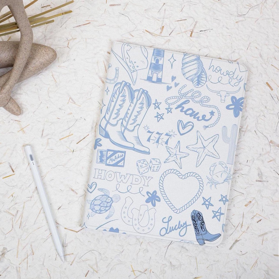 Western Cow_girl Inspired Sketch iPad Case With Pencil Holder Cover for ...