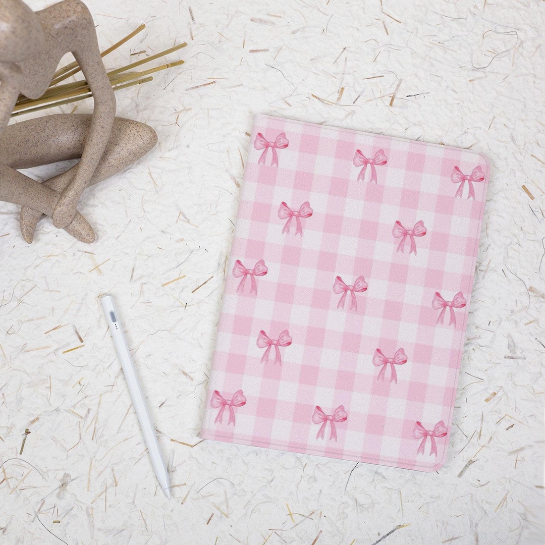 Cute Pink Bows Plaid iPad Case With Apple Pencil Holder Cover for iPad ...