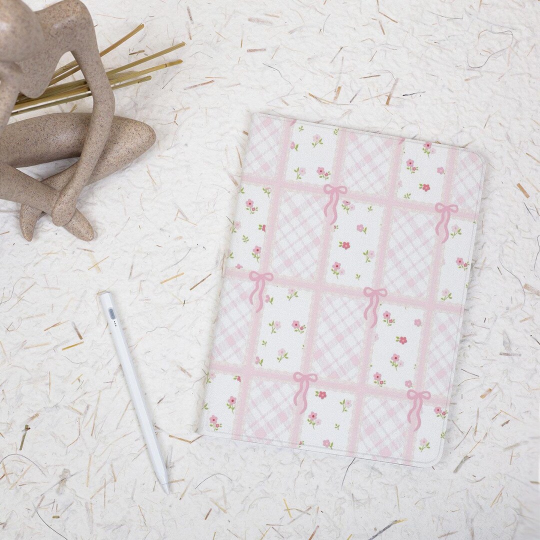Flower Plaid Bow Preppy iPad Case With Pencil Holder Cover for iPad 10 ...