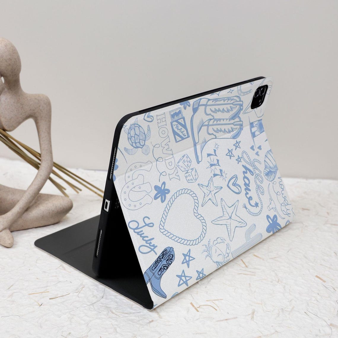 Western Cow_girl Inspired Sketch iPad Case With Pencil Holder Cover for ...