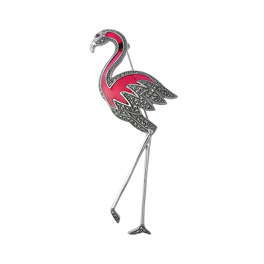 Pink Flamingo Pin Brooch 925 Sterling Silver English Hallmarks Set With ...