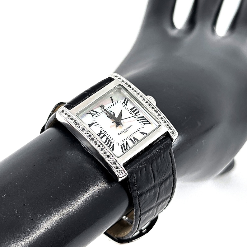Sterling Silver Diamond Watch, Mother of Pearl Dial & Black Leather - Etsy