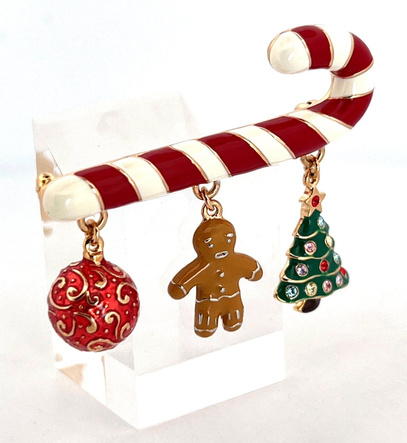 Christmas Charm Candy Cane Pin Brooch Gold Plated Metal Alloy Set With ...