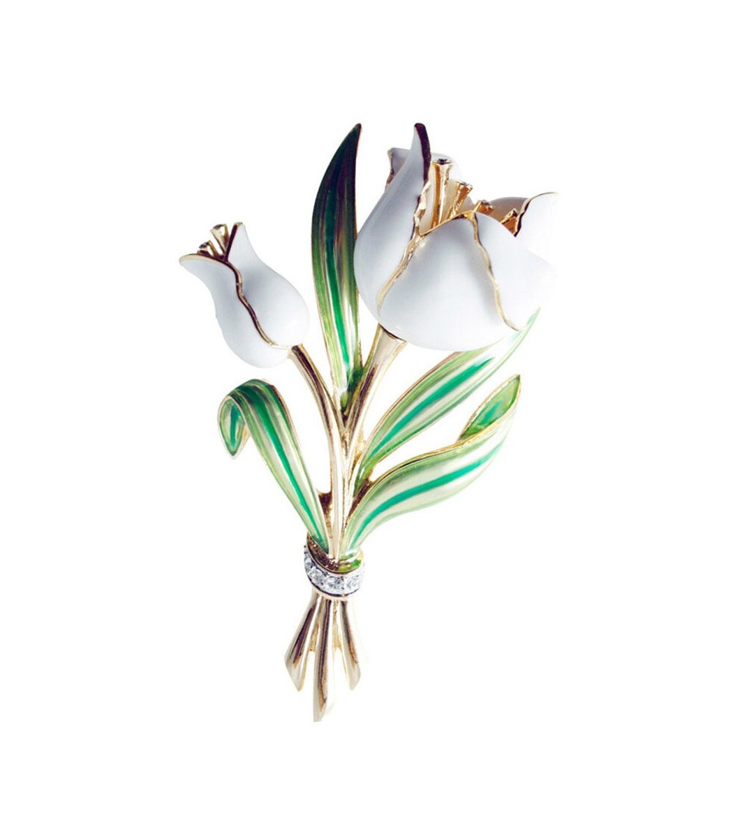 Tulip Pin Brooch Art Deco Style Gold Plated Metal Alloy Set With Enamel ...