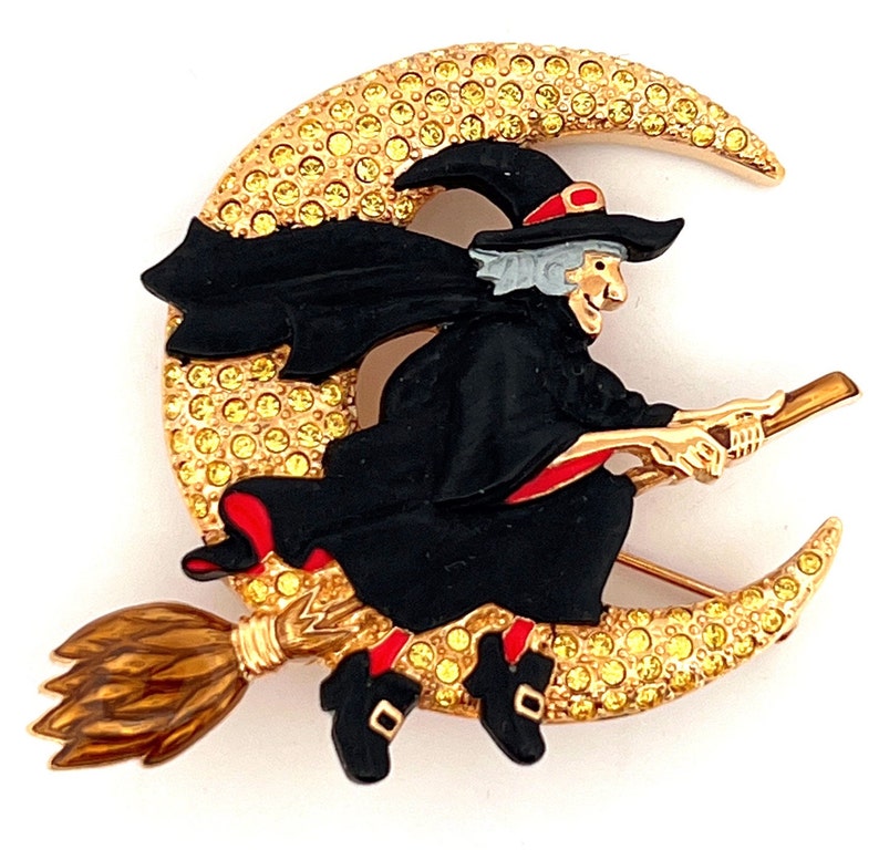 Witch on Broom Pin Brooch Gold Plated Metal Alloy Set With Enamel and ...