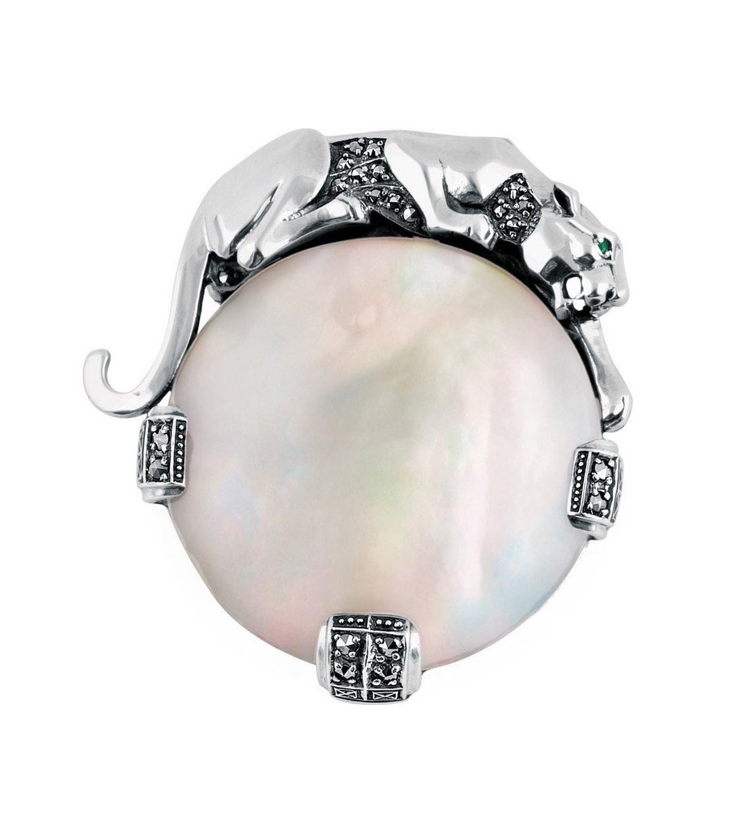 Art Deco Panther Brooch: Sterling Silver, Mother of Pearl & Marcasite ...