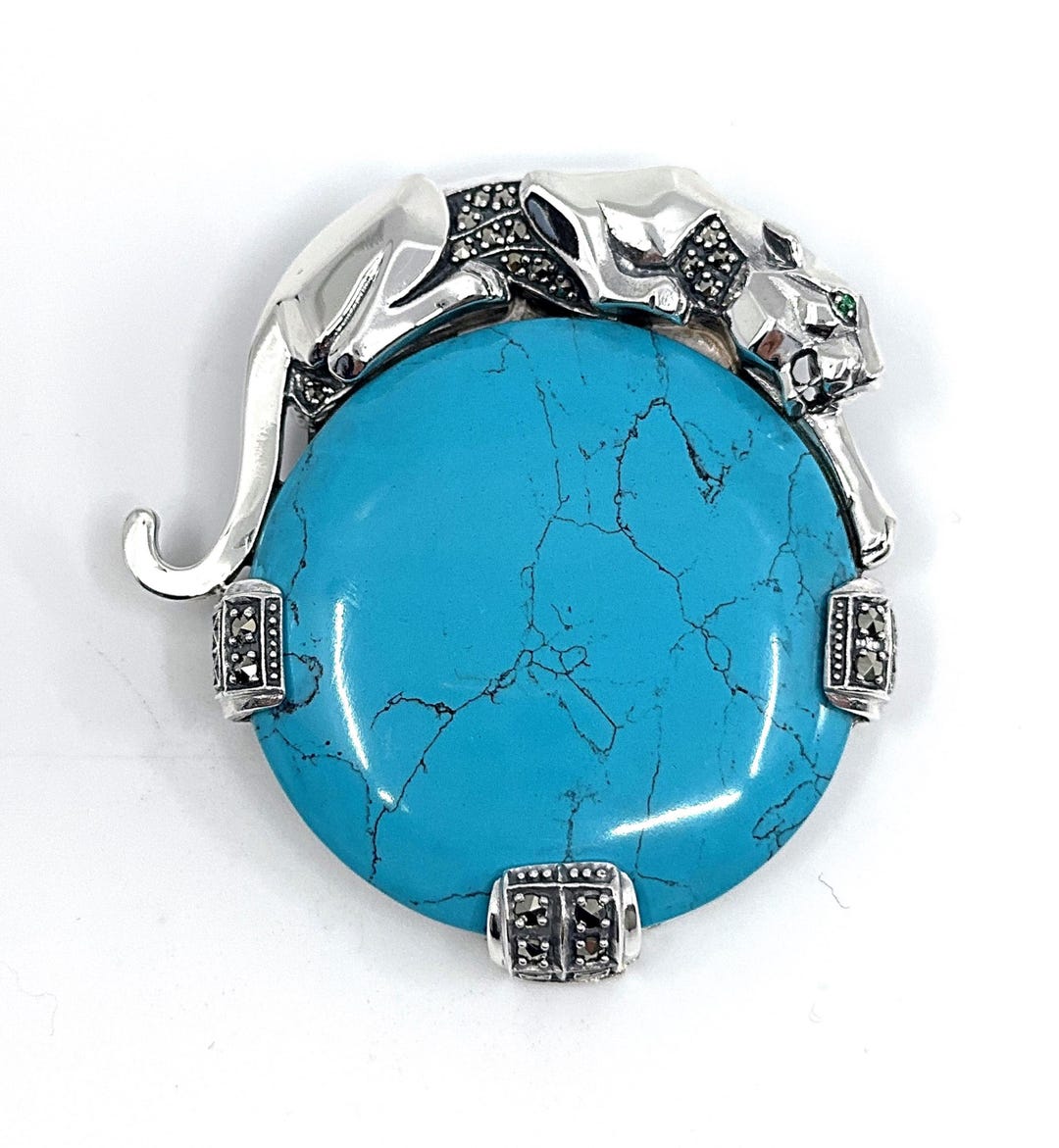 Panther Pin Brooch 925 Sterling Silver Set With Turquoise Marcasite and ...