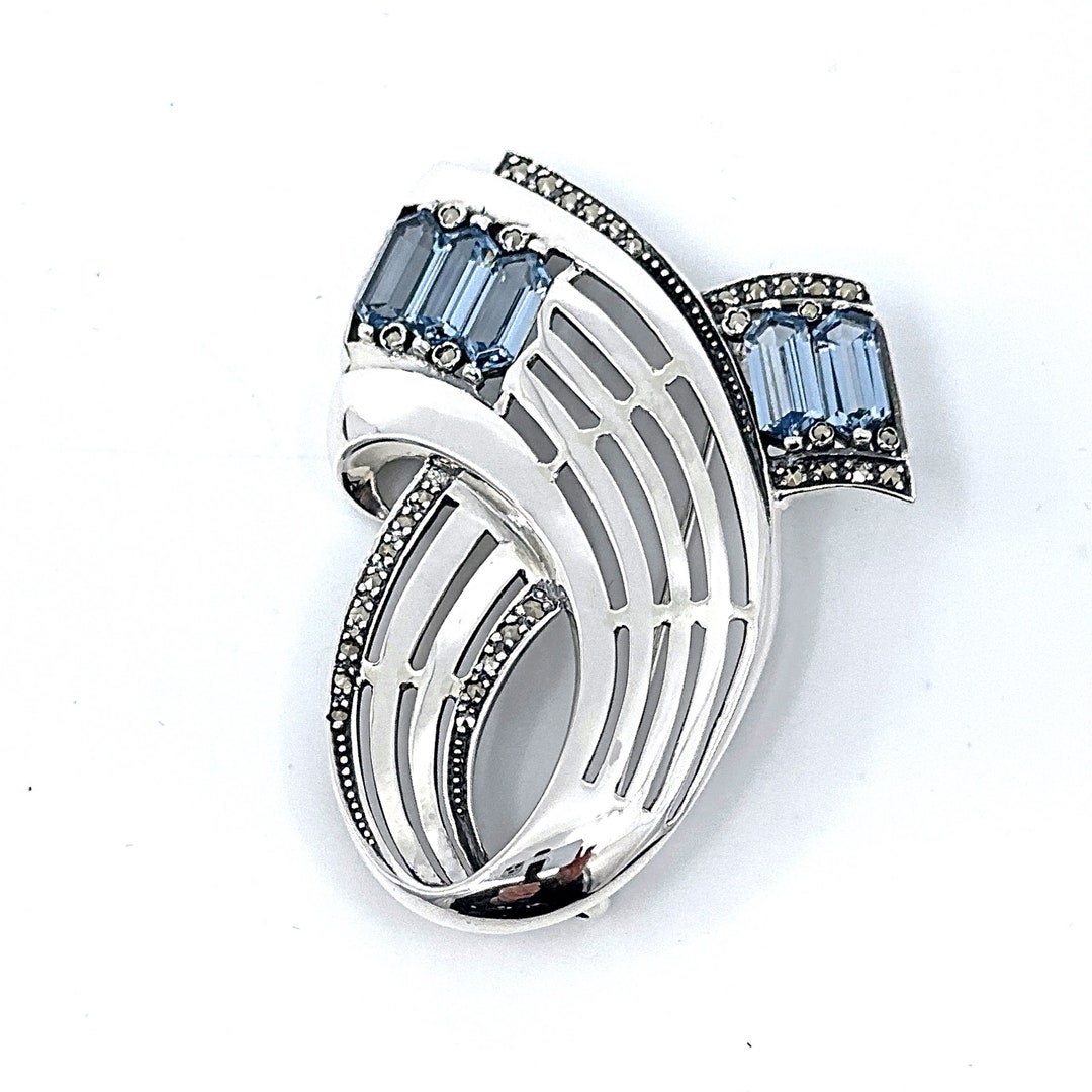 Aquamarine Art Deco Style Brooch Pin Sterling Silver 925 British ...