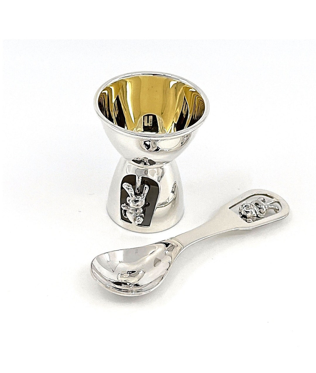 Spinning Rabbit Egg Cup and Spoon Set Christening Gift 925 Sterling ...