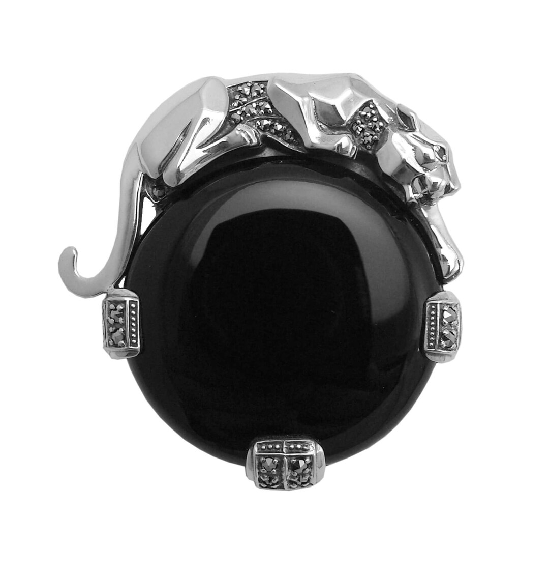 Panther Pin Brooch 925 Sterling Silver Set With Black Onyx Marcasite ...