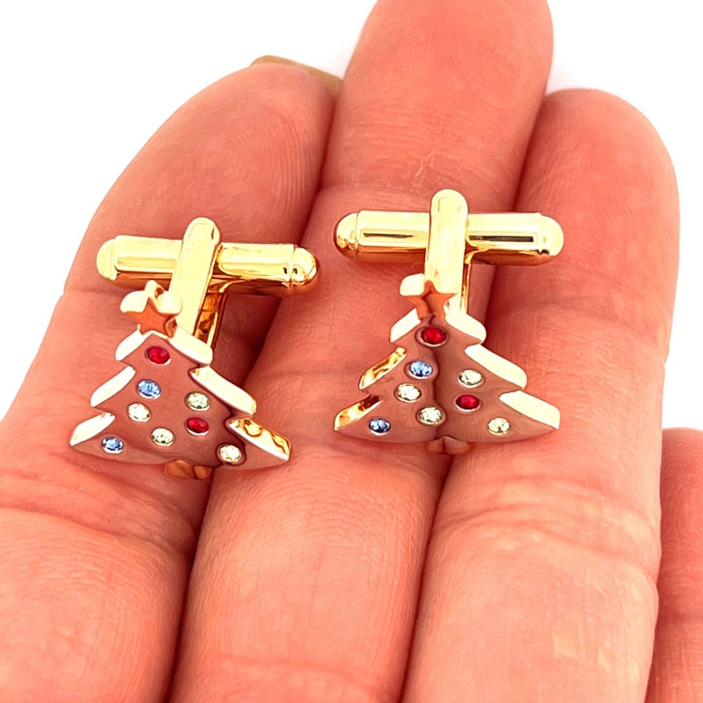 Christmas Tree Cufflinks Gold Plated Metal Alloy Set With Colourful ...