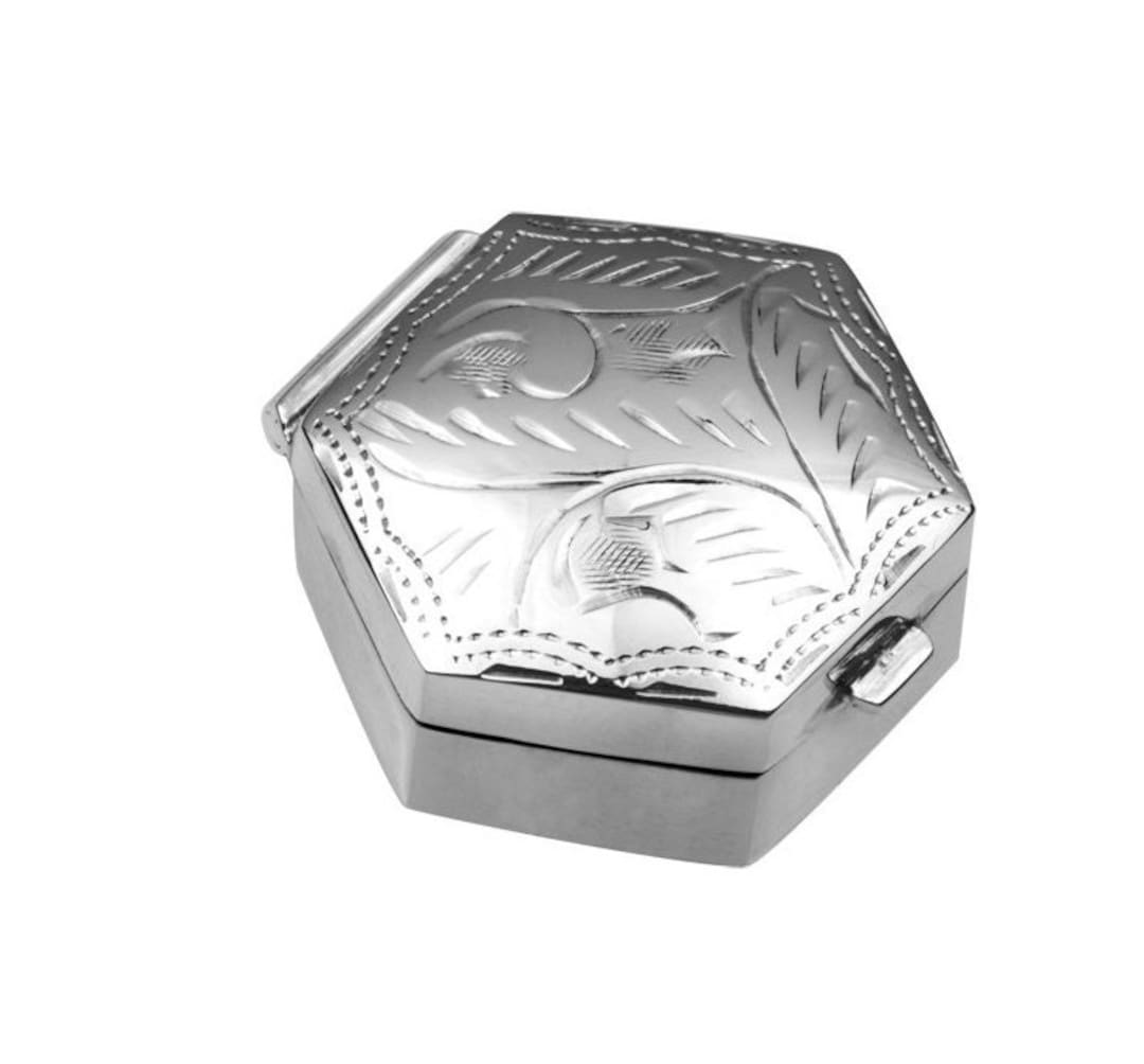 Small Engraved Hexagonal Pill Box 925 Sterling Silver English Hallmarks ...