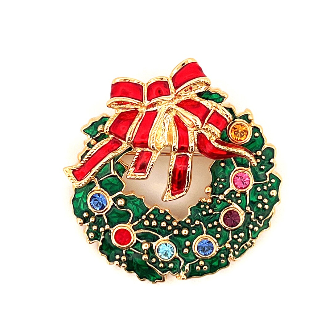 Christmas Wreath Brooch Gold Plated Metal Alloy Set With Enamel and ...