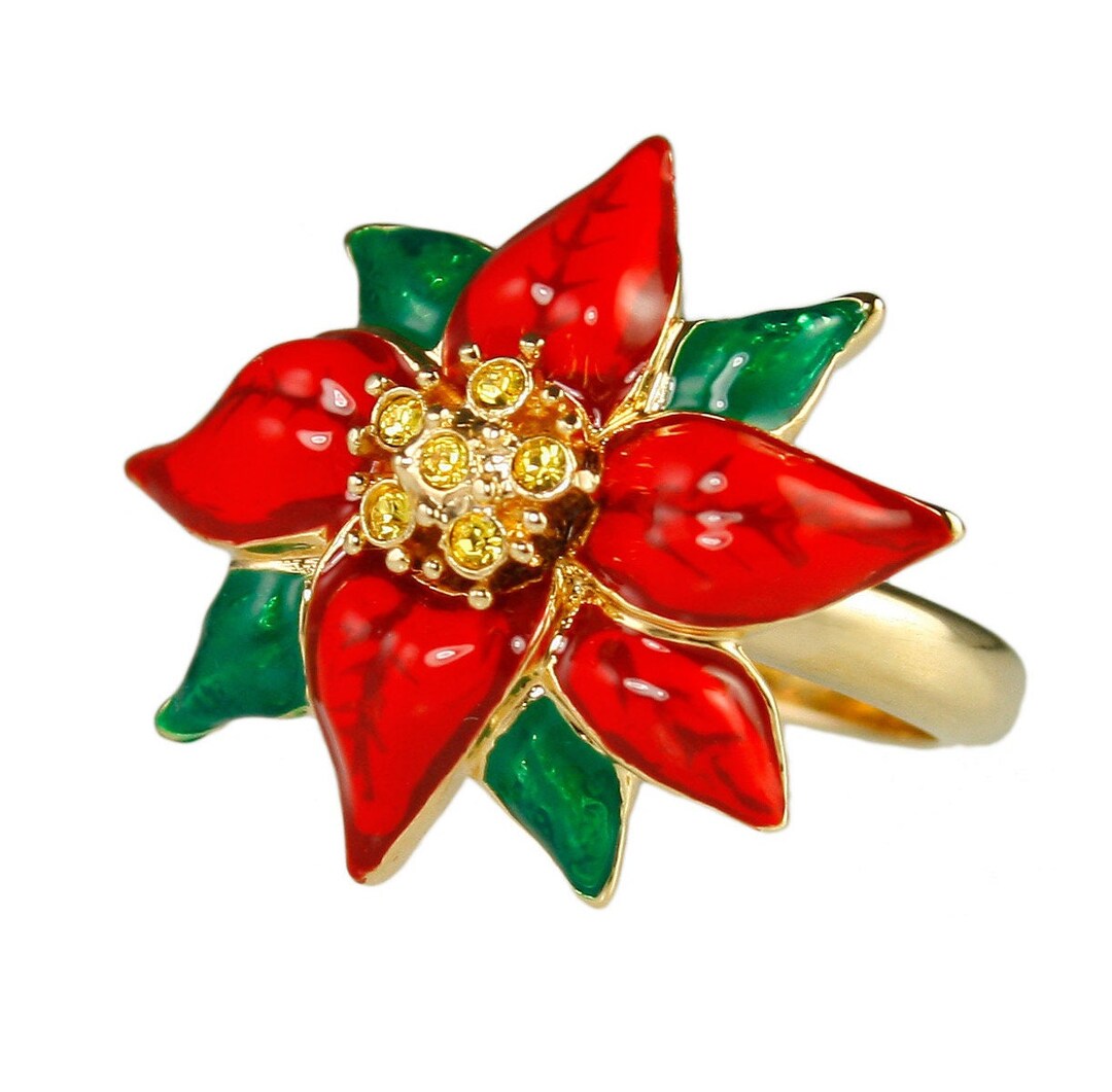 Christmas Poinsettia Ring Gold Plated Metal Alloy Set With Enamel and ...