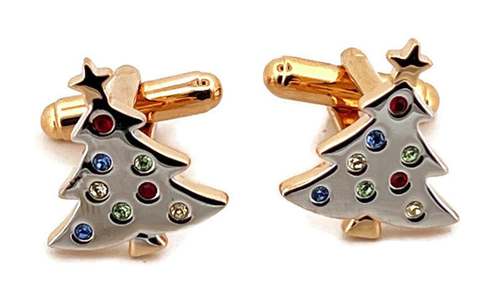 Christmas Tree Cufflinks Gold Plated Metal Alloy Set With Colourful ...