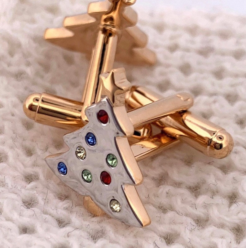 Christmas Tree Cufflinks Gold Plated Metal Alloy Set With Colourful ...