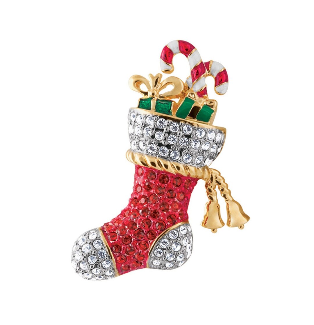 Christmas Stocking Pin Brooch Gold Plated Metal Alloy Set With Enamel ...