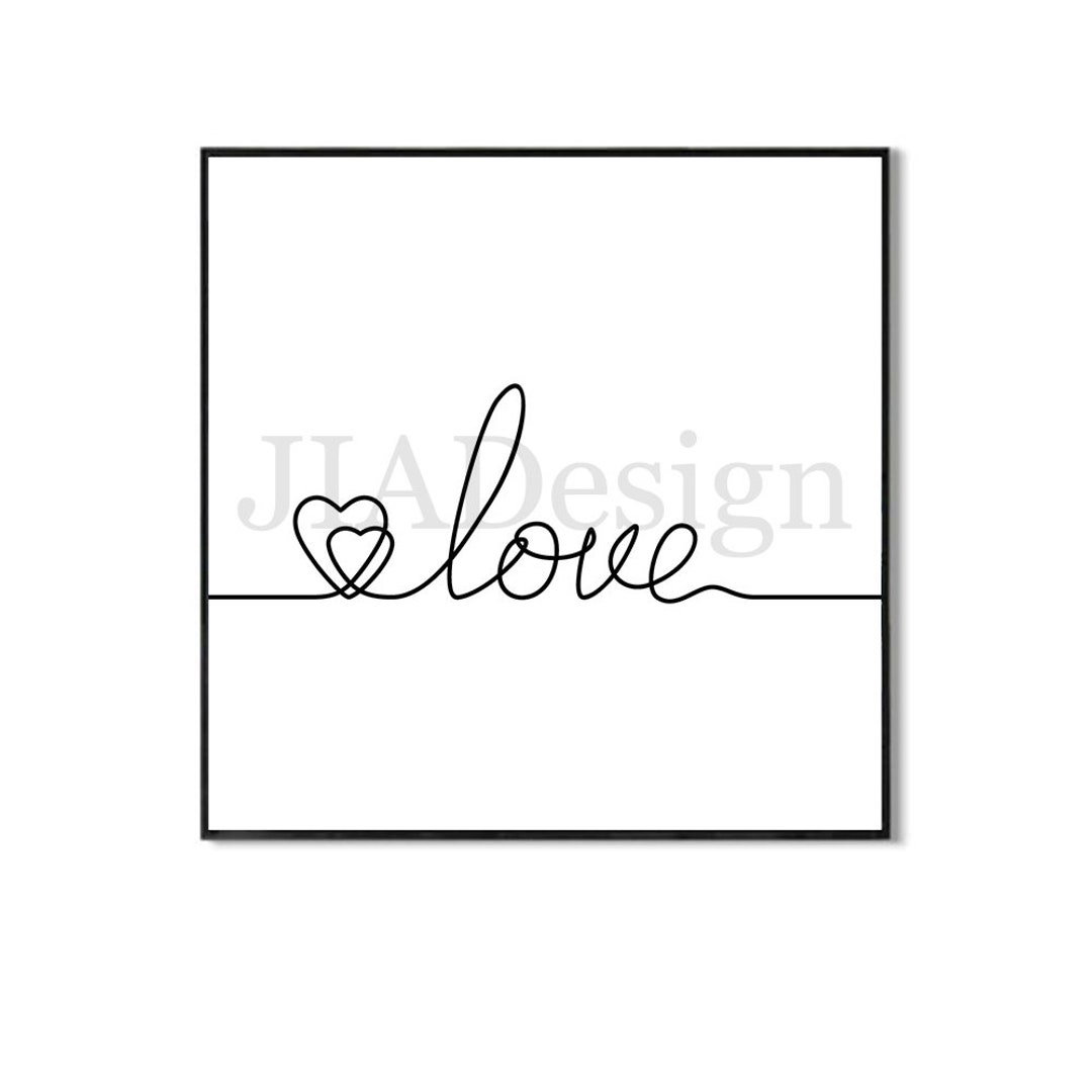 Continuous Lie Drawing of Two Hearts and Word Love, Black & White Line ...