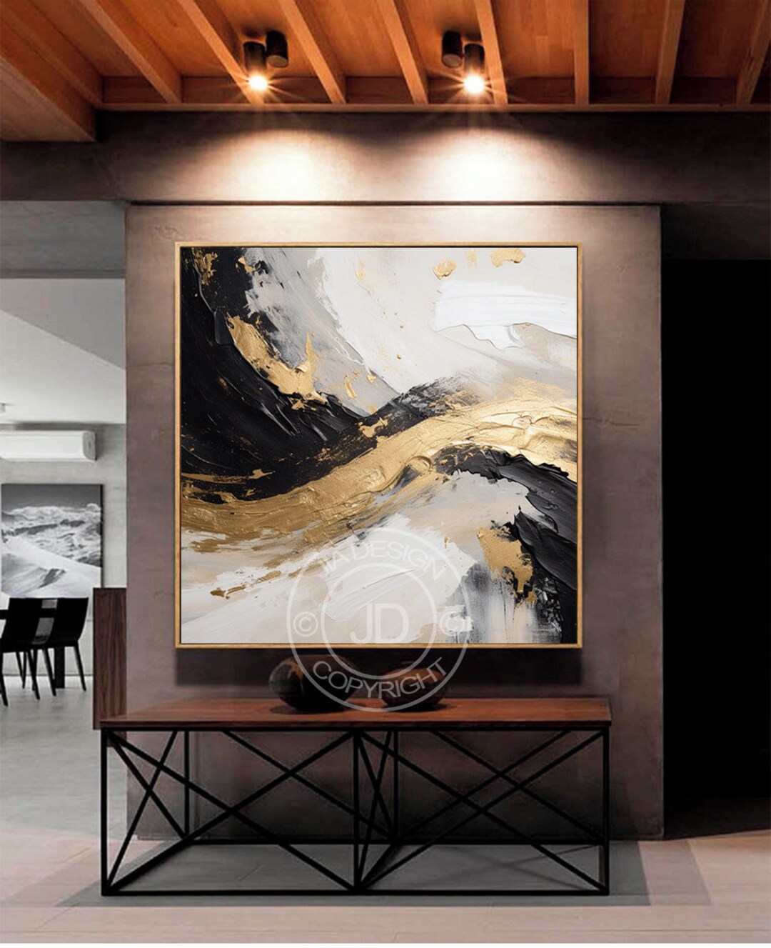 An Abstract Black and Gold Painting With a Wavey Texture, in the Style ...