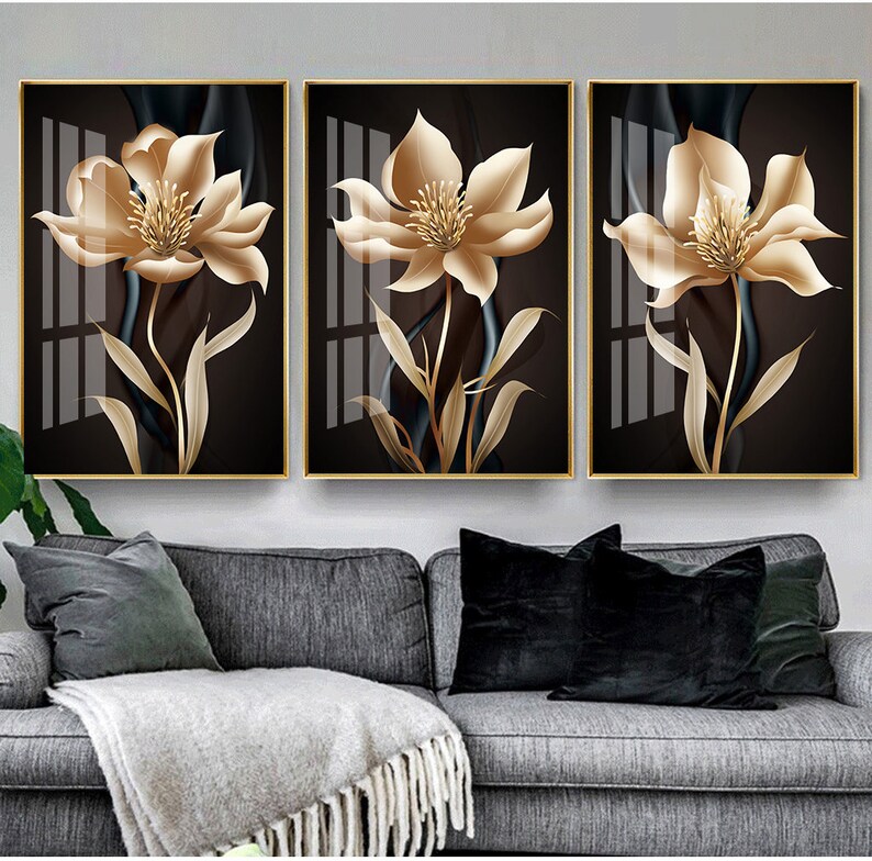 3 Piece Gold Flower Print Pictures, Wall Art for Home Decor, Poster ...