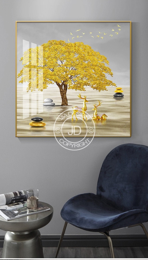 Printable Golden tree on the lake luxury living room decor | Etsy