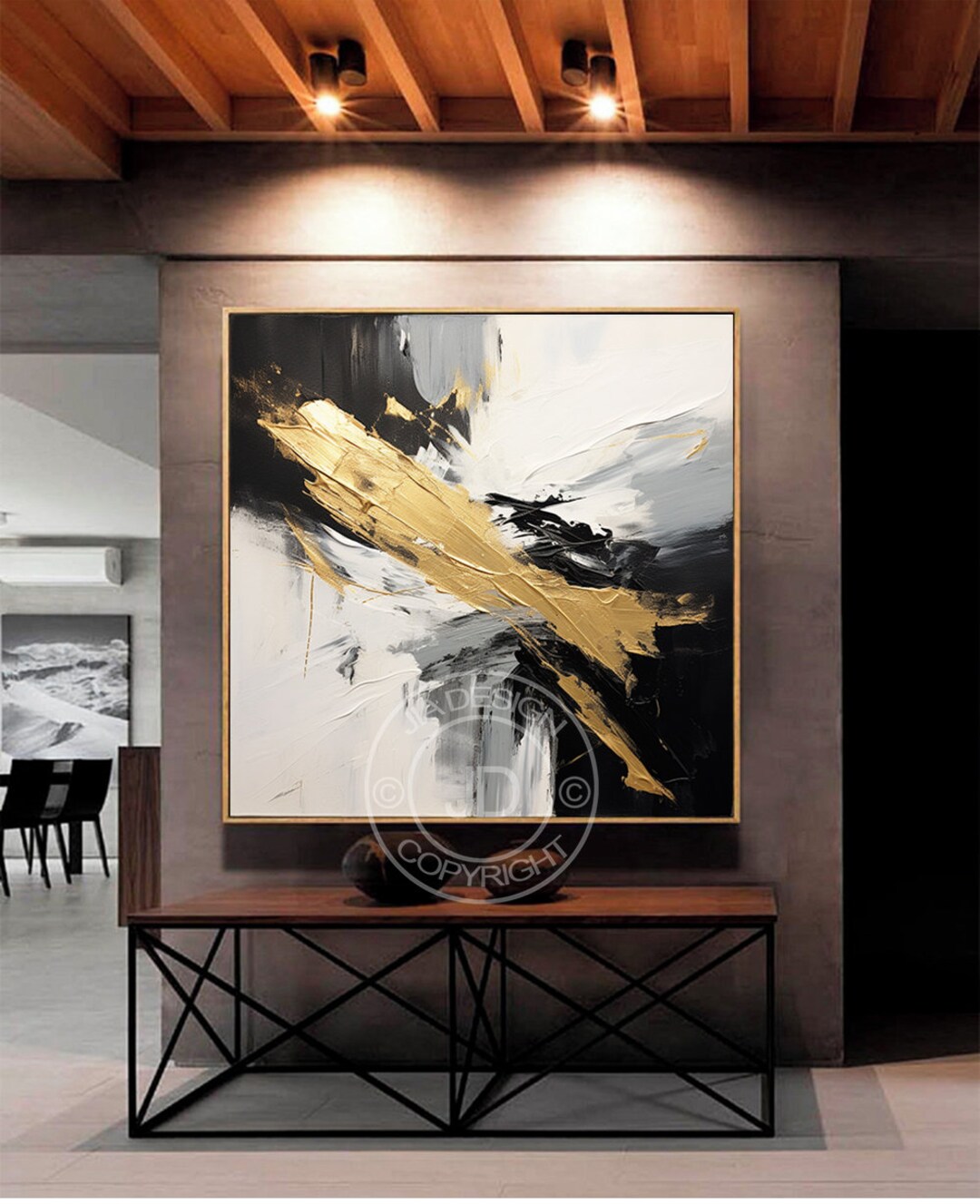Digital Printable Abstract Gold Black Painting With White & Black ...