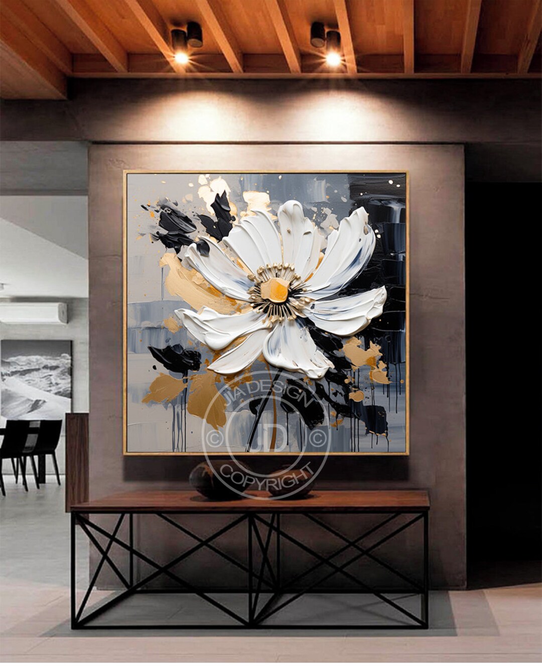 Oil Painting Depicting a White Daisy Flower, Golden Palette, 3d ...