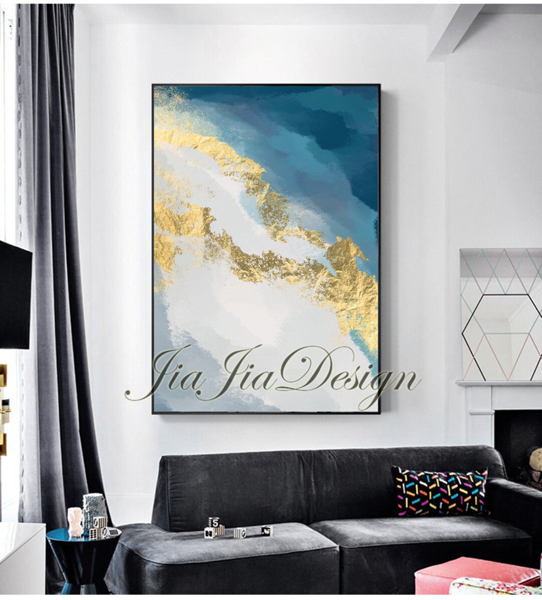 GICLEE Print, Abstract Ocean Blue White Seascape With Gold Foil, Aqua ...