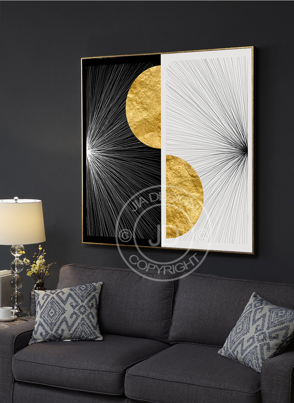 2 Piece Abstract Black on White Art Printable, Wall Poster Gold Silver ...