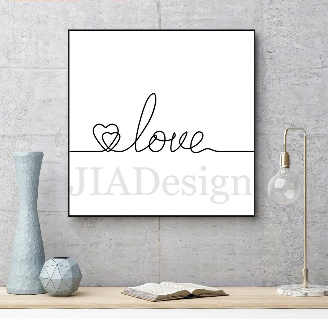 Continuous Lie Drawing of Two Hearts and Word Love, Black & White Line ...