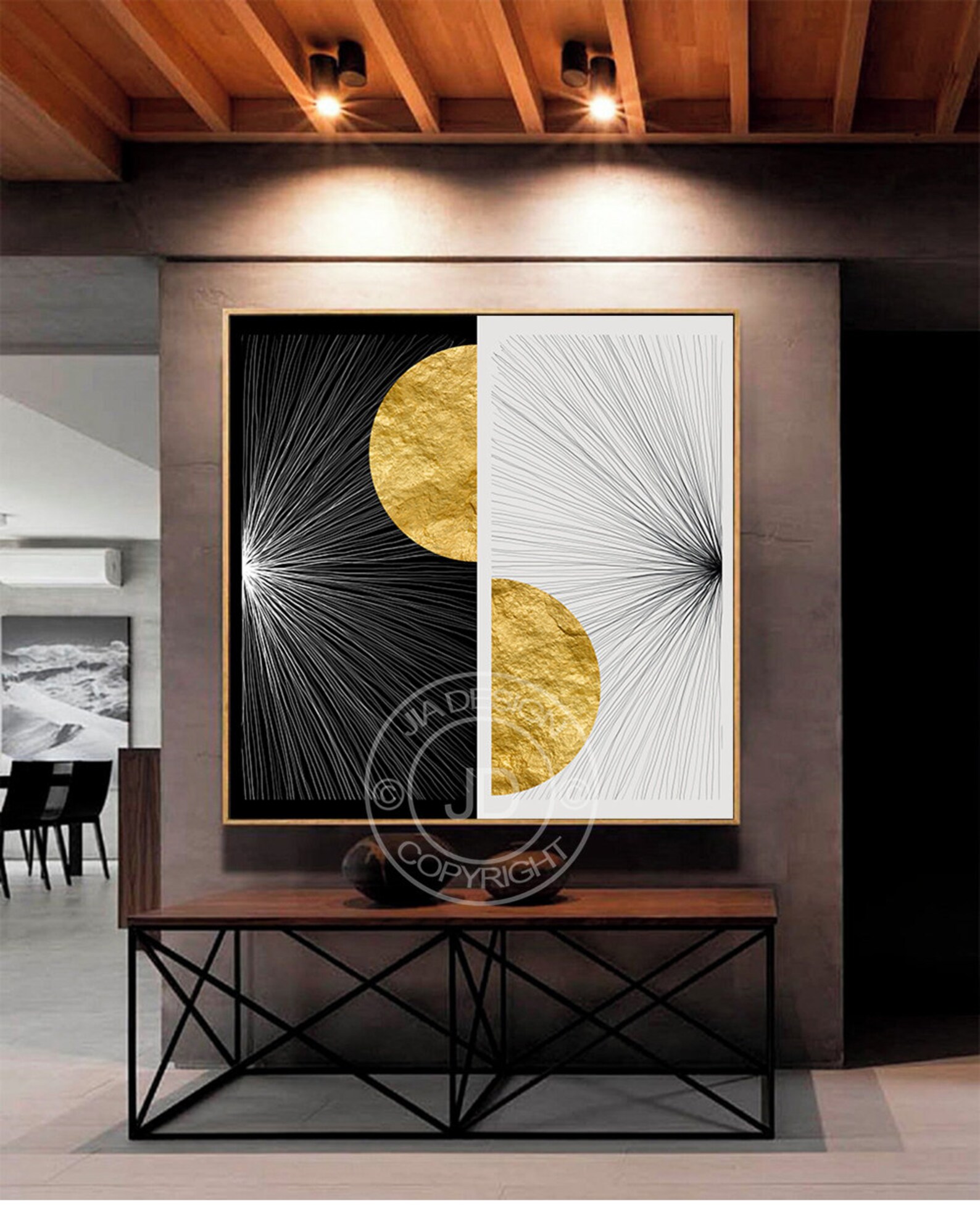 2 Piece Abstract Black on White Art Printable, Wall Poster Gold Silver ...