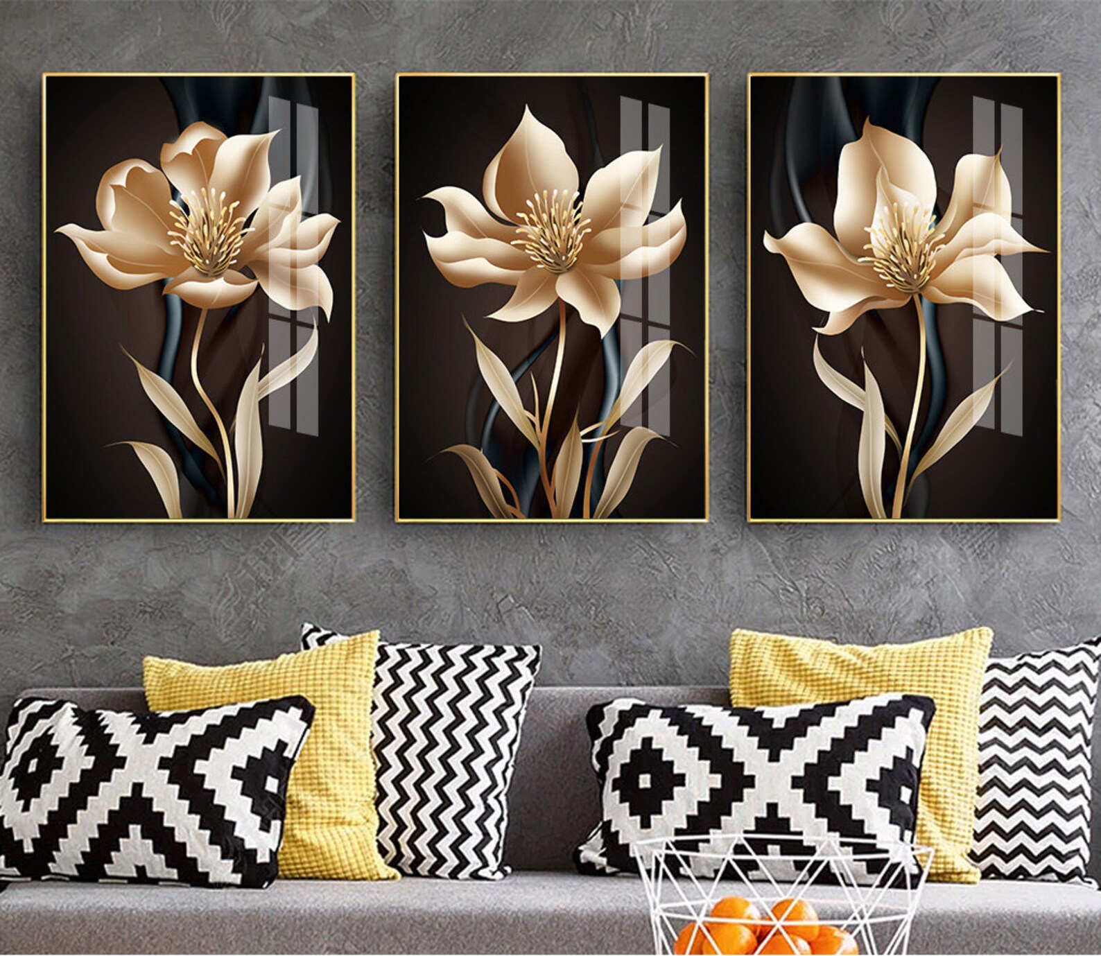 3 Piece Gold Flower Print Pictures Wall Art for Home Decor - Etsy