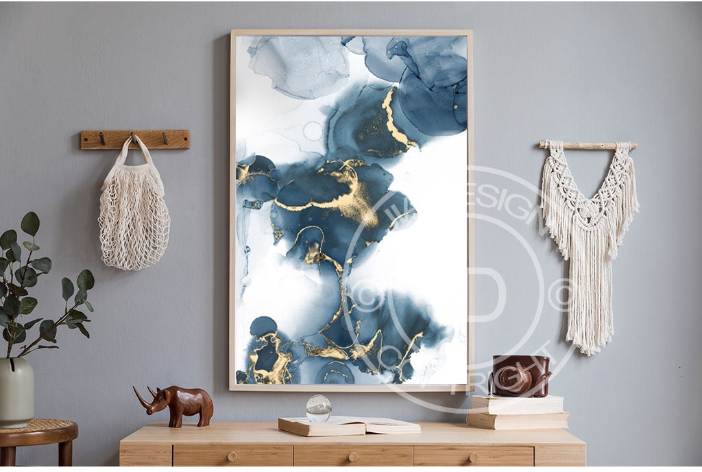 Abstract Blue and Gold Foil, Fluid Art Resin Painting Original Painting ...