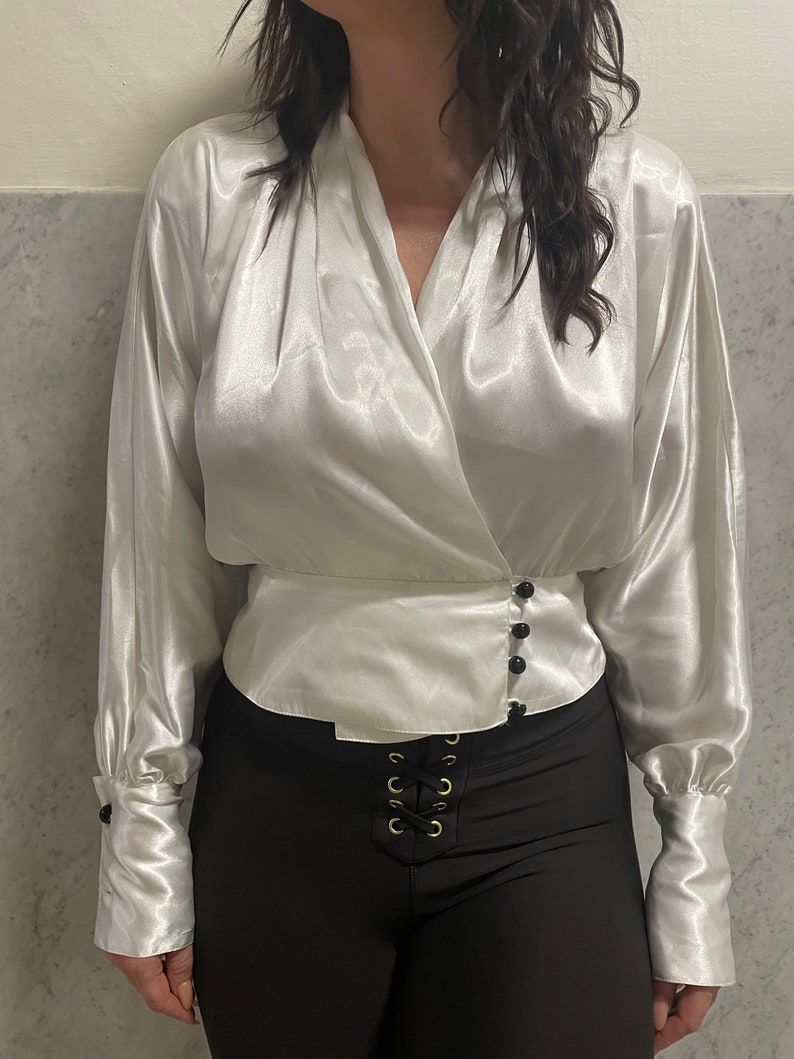 Vintage White Satin-look V-neck Blouse Crossover Wrap Style Buttons at ...