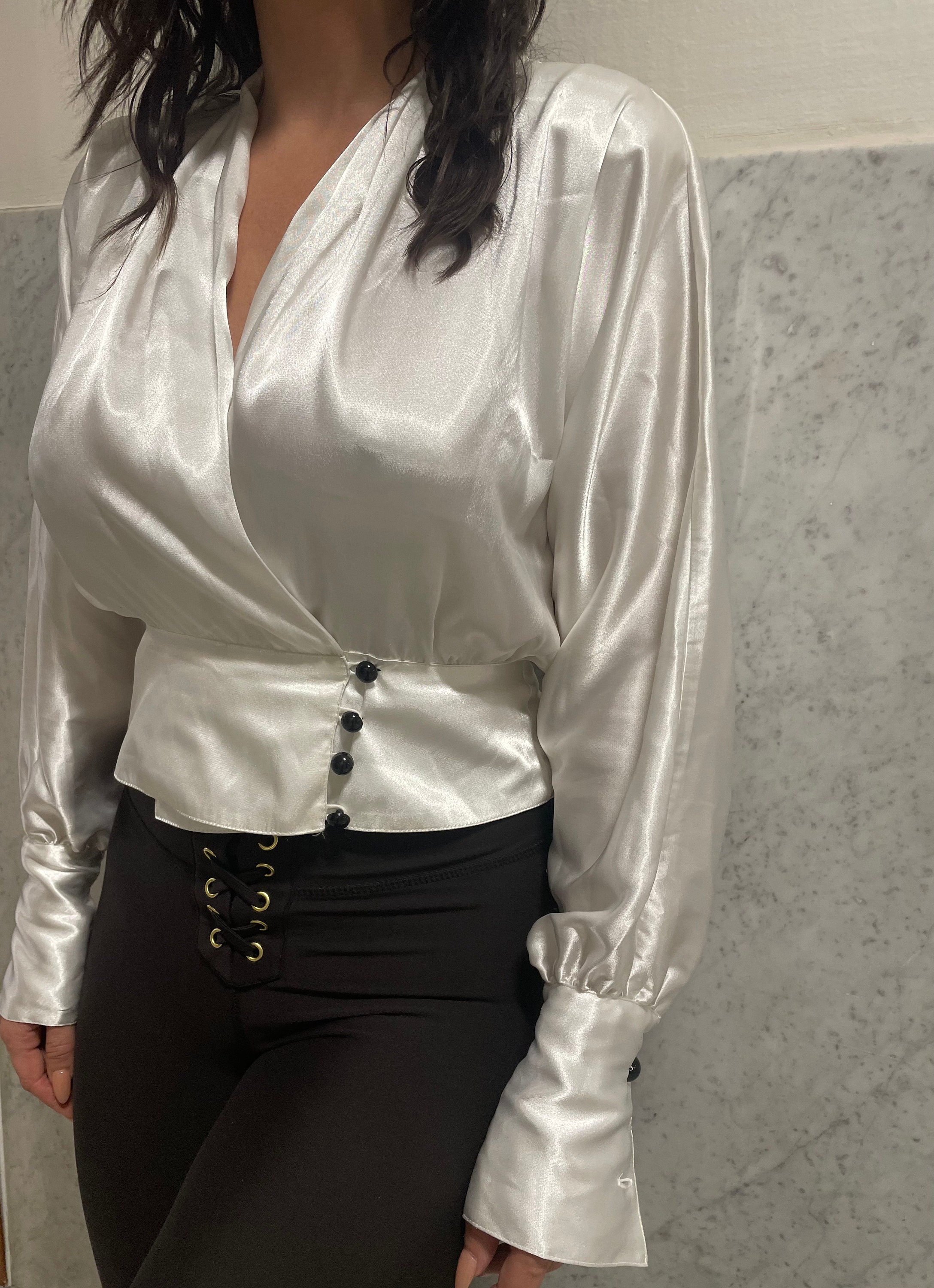 Vintage White Satin-look V-neck Blouse Crossover Wrap Style Buttons at ...